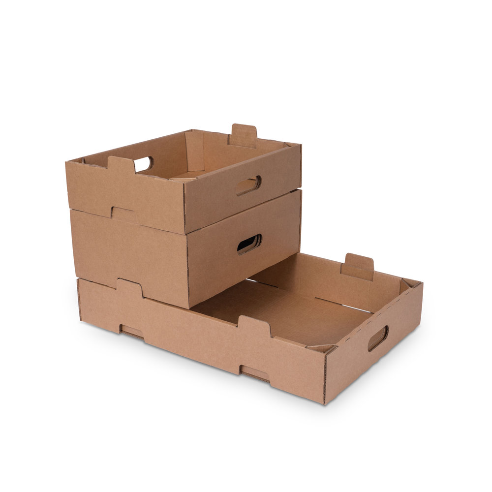 Fruit and vegetable crates with handle holes in brown 374x274x95 mm