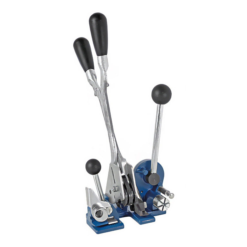 Tensioner and sealing tool for plastic straps